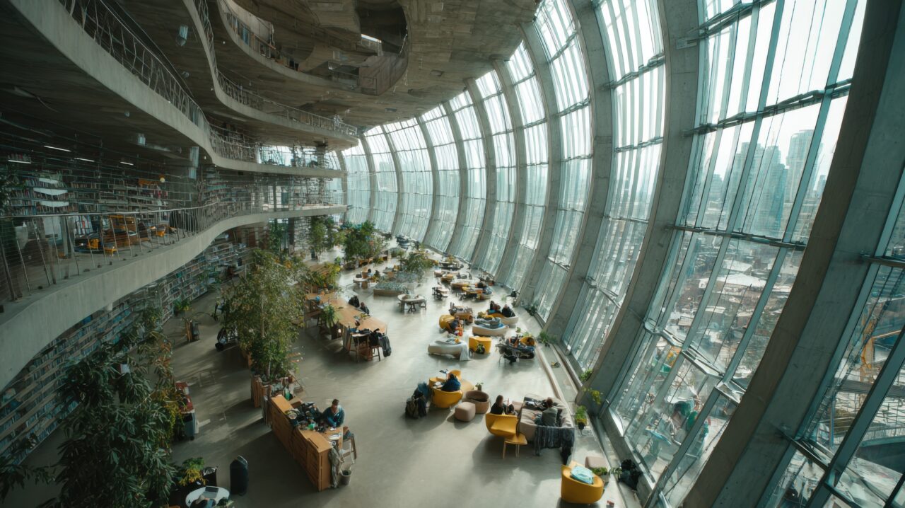 Overlooking An Indoor City From An Arcology Communal Workspace ...